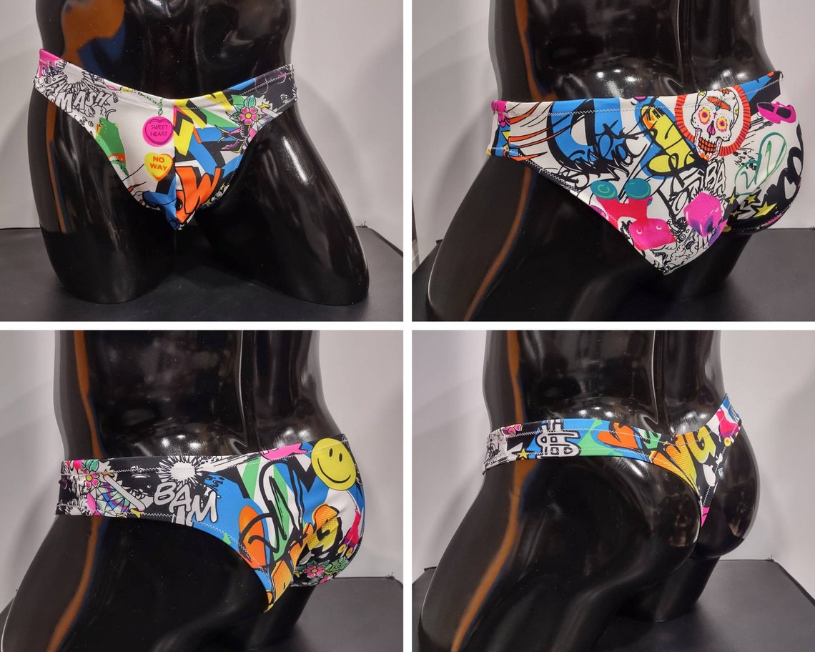 Cartoon Chaos Men's Swim Bikini Brief Half Back Cheeky Thong by Rayze ...