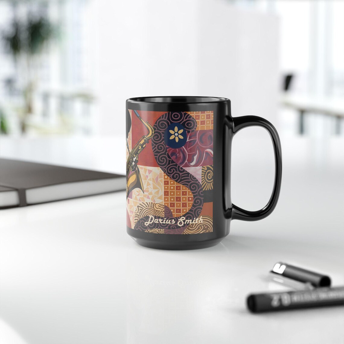 CUSTOM Man Playing Jazz Sax Mug, Abstract Art Black Man Music Cup ...