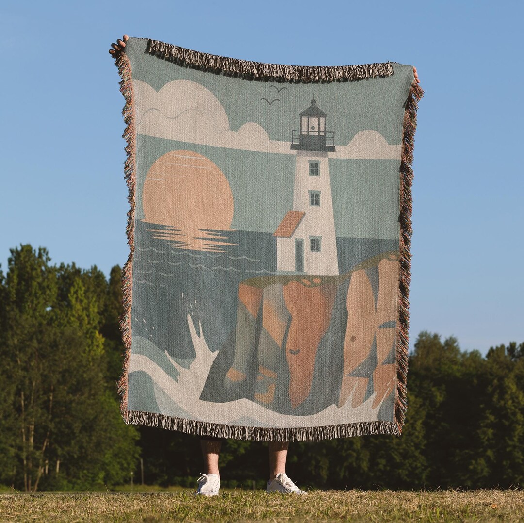 Lighthouse Seascape Woven Blanket, Ocean Scene Gift, Lighthouse Wall ...