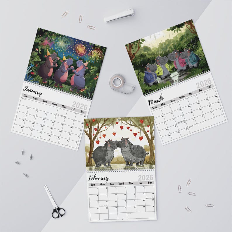 2026 Funny Hippos Wall Calendar, Cute Animal Calendar, Unique Calendar ...