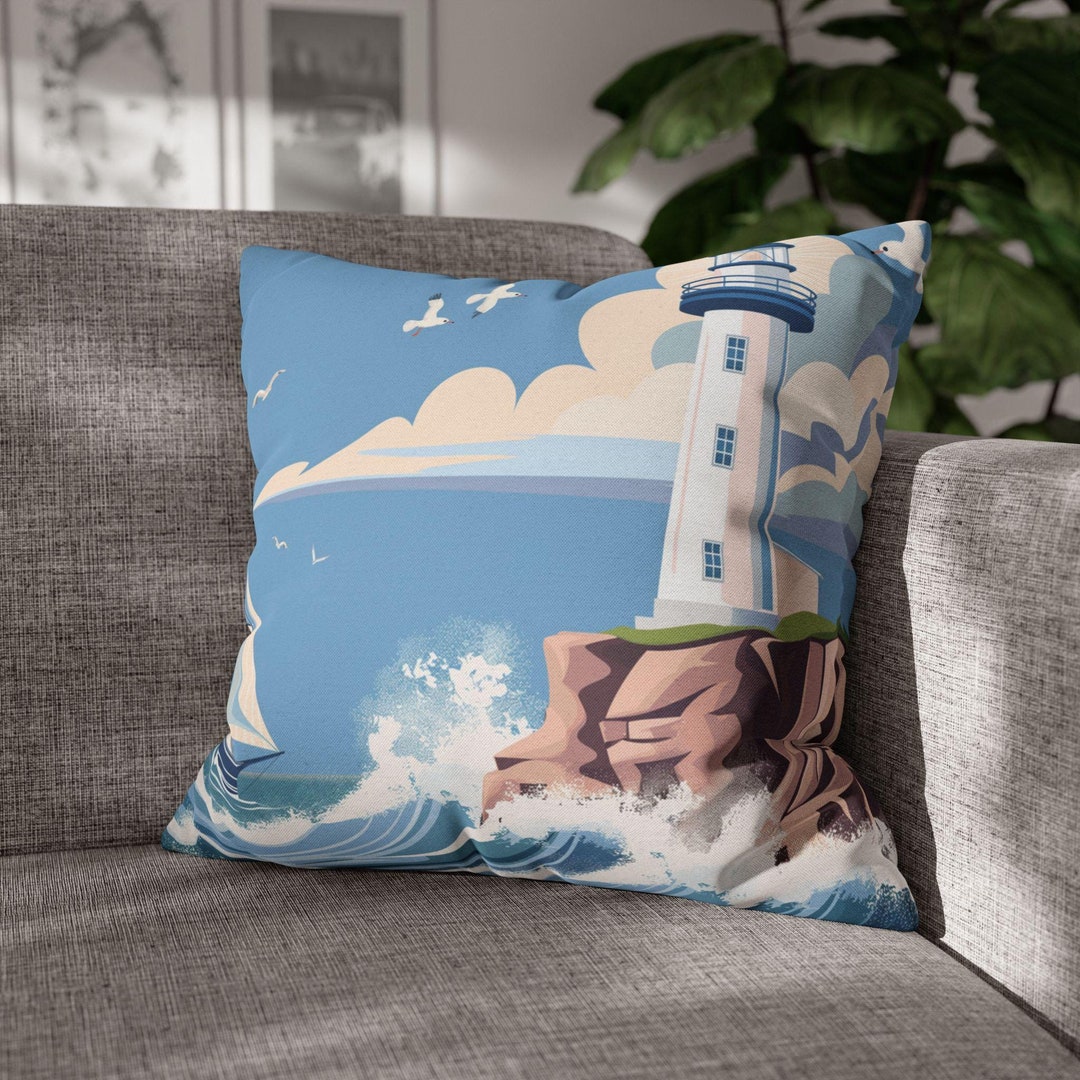 Lighthouse Sailboat Pillow Zippered Cover, Seascape Home Decor, 20in ...