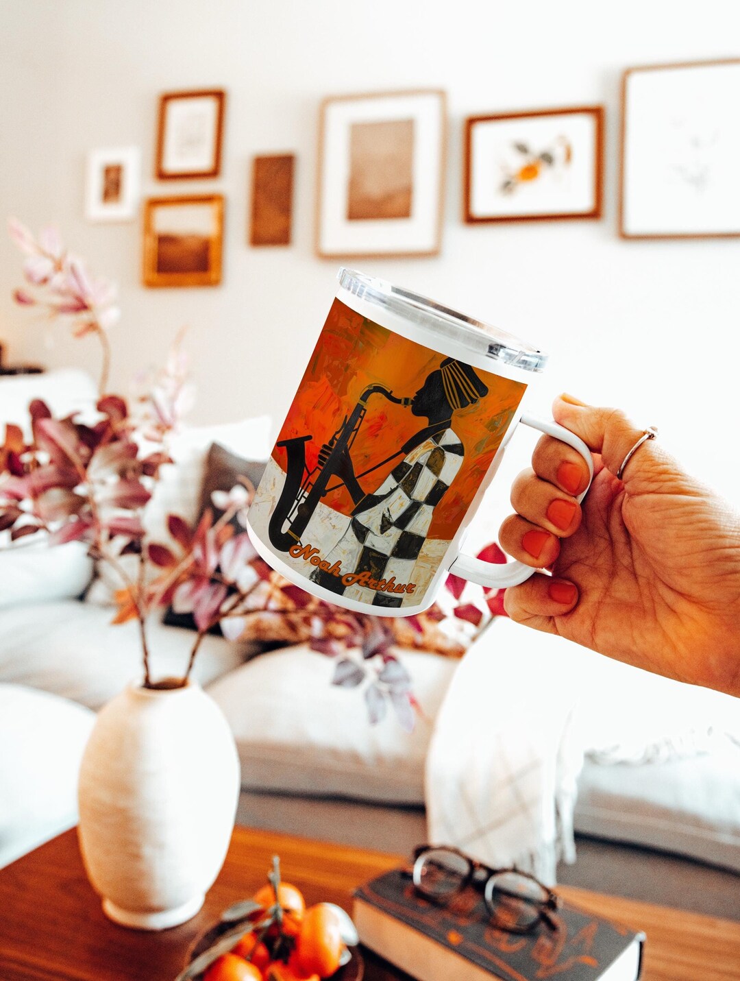 CUSTOM Black American Men Jazz Sax Insulated Coffee Mug, Modern Jazz ...