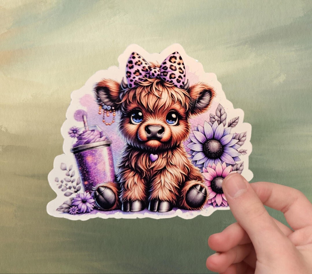 Highland Cow Sticker Cute Cow Sticker for Water Bottle Purple Baby ...