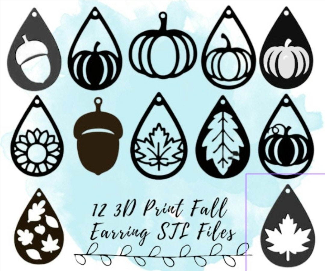 12 Fall Earring STL Files, Pumpkin Teardrop Earring STL, Acorn Earring ...