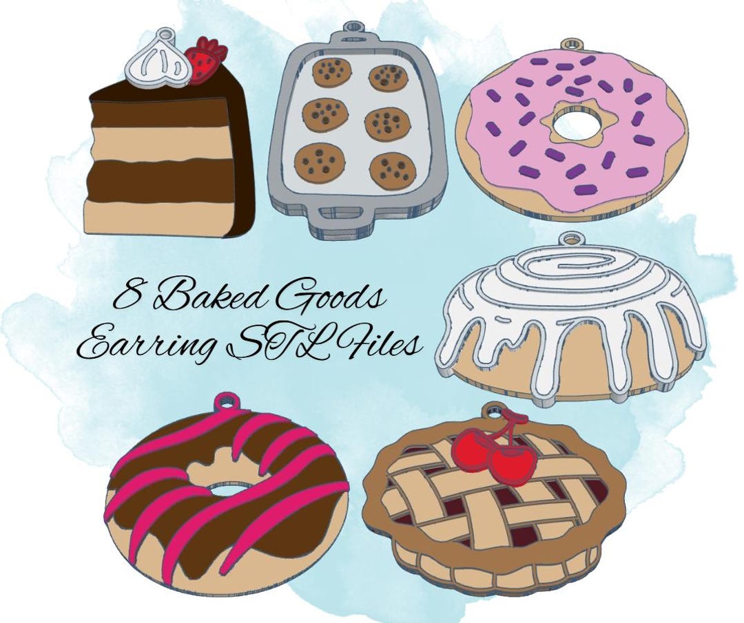 8 Baked Goods Earring STL Files, Cookie STL File, Cinnamon Roll STL ...