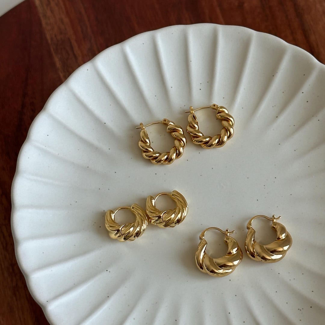 Gold Twist Hoop Earrings, Gold Hoops French Style Croissant Hoops, Chic ...