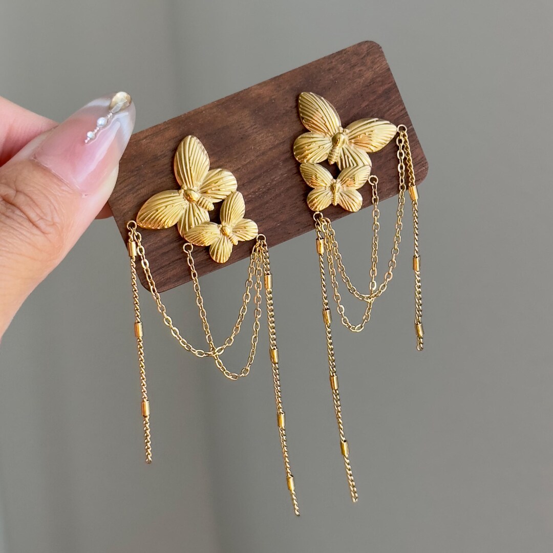 Gold Silver Butterfly Chain Earrings, Multi Layer Tassel Butterfly ...