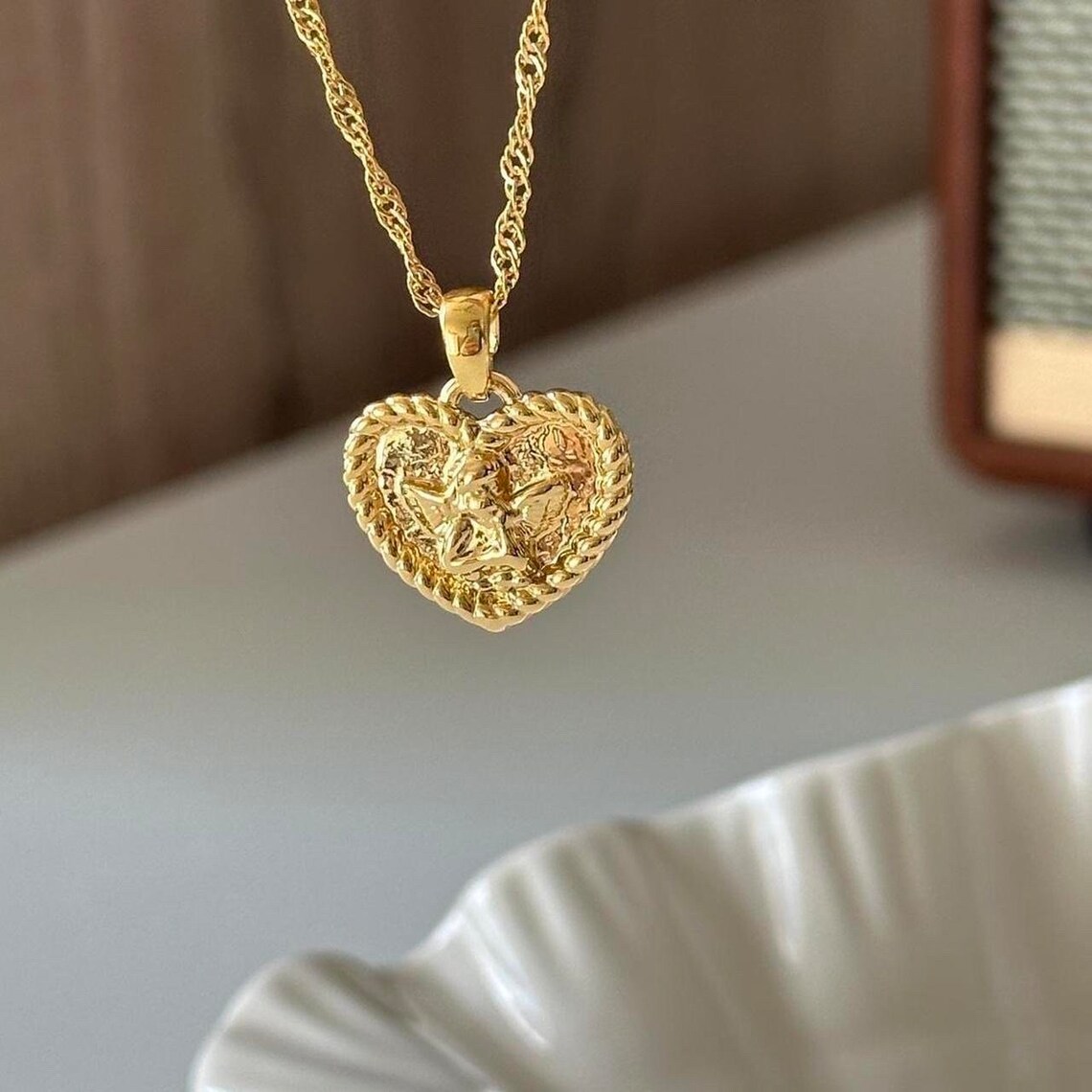 Gold Angle Wing Heart Pendant Necklace, Gold Plated Heart Necklace ...