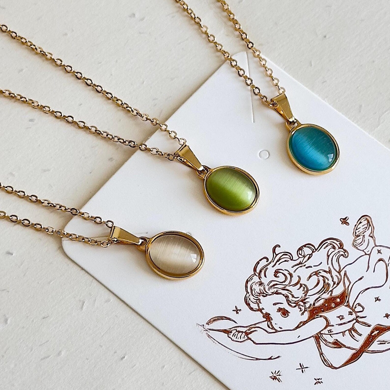 Elegant Oval Cat Eye Stone Pendant Necklace, Colorful Cabochon Charm ...