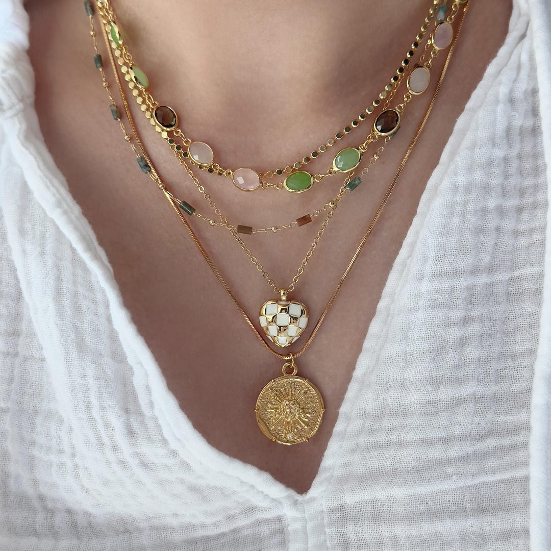 Elegant Crystal Stone Chain, Gold-plated Green Pink Stone Necklace and ...