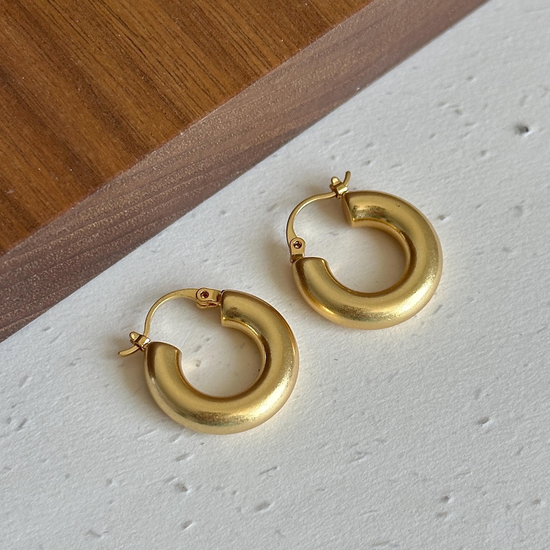 Gold Matte Hoop Earrings, Chunky 18K Gold Plated Round Hoops, Retro ...