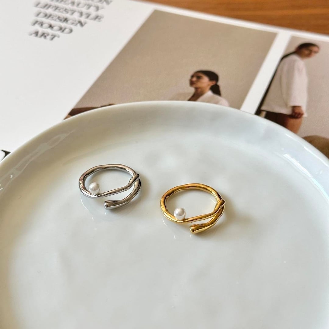 Minimalist Double Hoop Pearl Rings, Gold Plated Open Rings, Silver ...