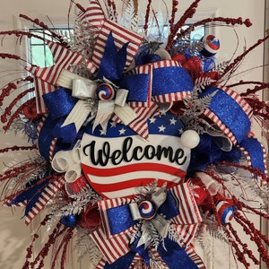 Patriotic,4th of July Deco Mesh Summer Wreath, Red, White and Blue ...