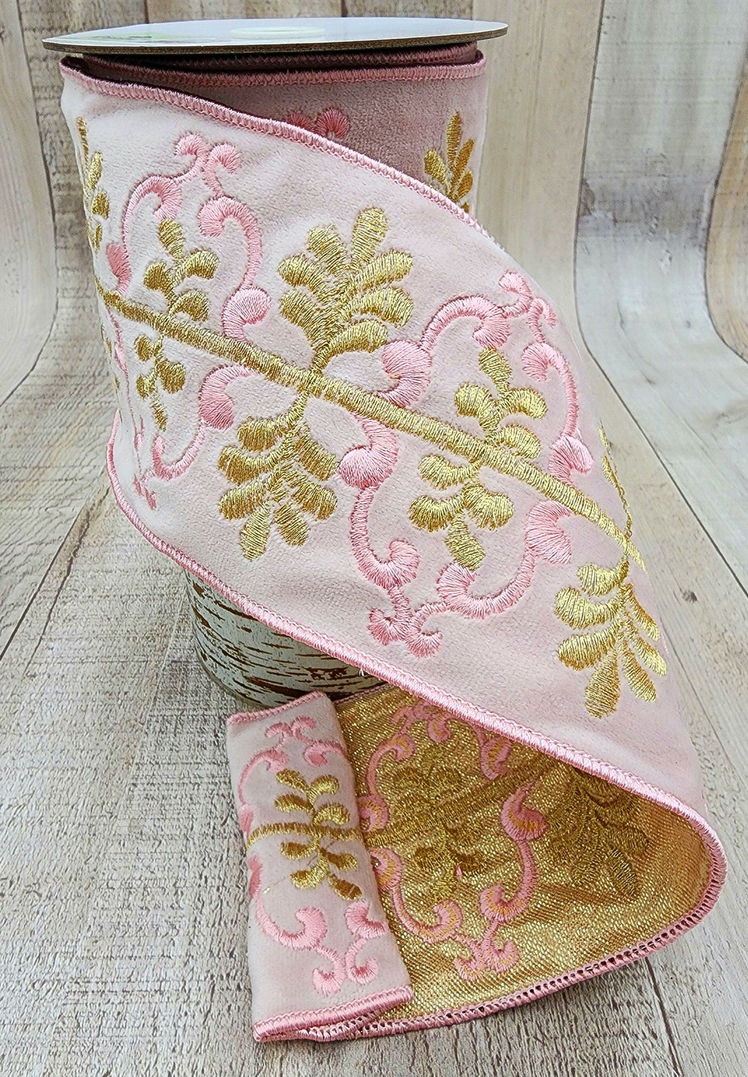 4 Inch Wide, 5 Yard Roll. Designer Embroidered Leaf Scroll, Pink and ...