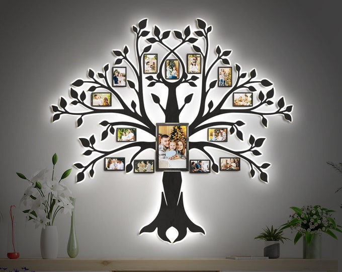 Large Family Photo Collage With Led Light, Wooden Photo Frames, Wood ...