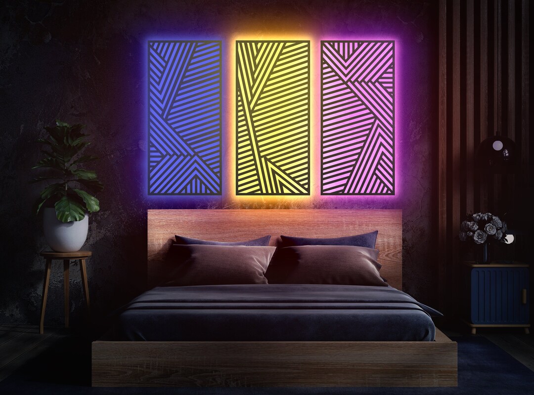 Geometric Wood Wall Art With Led, Wood Wall Art Light, Geometric Wall ...