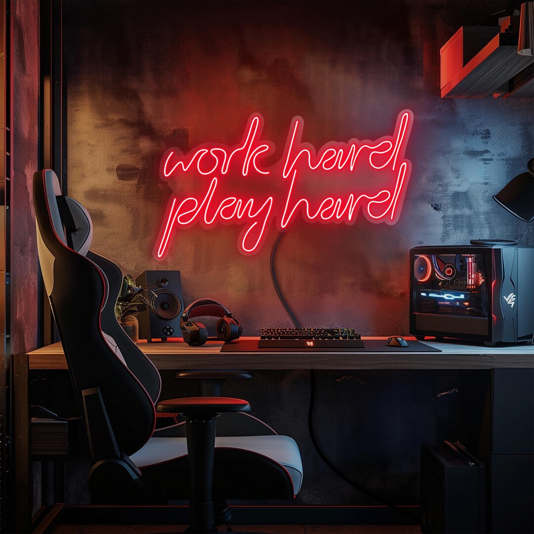 Work Hard Play Hard Neon Sign, Work Hard Play Hard Led Sign, Game Room ...
