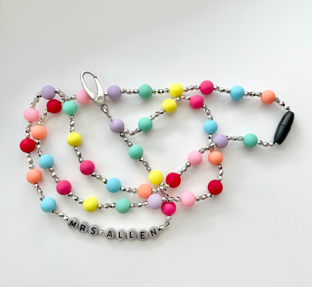 Bright Rainbow Beaded Lanyard | Silver Letters | Modern Lanyard ...