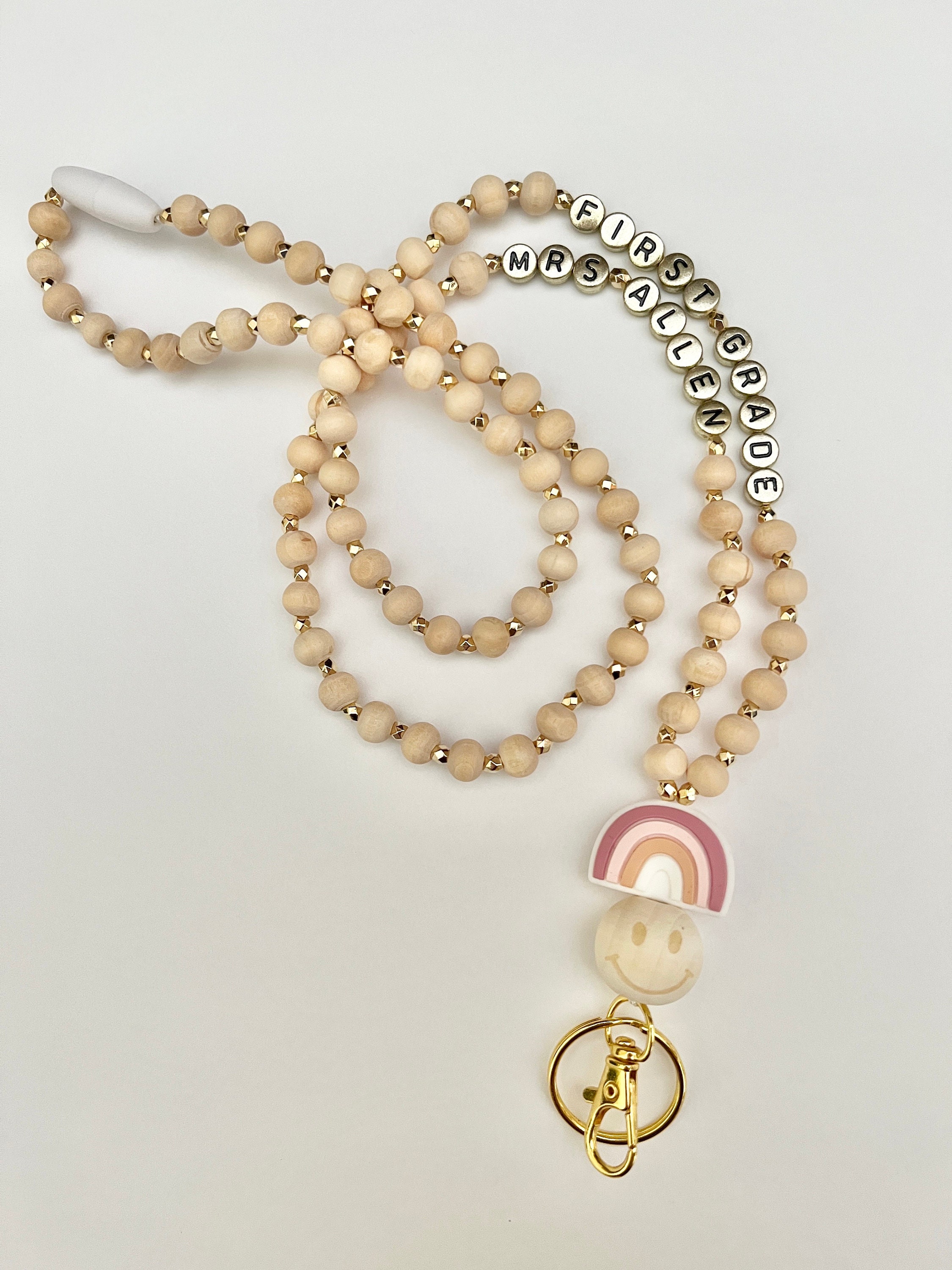 Neutral Rainbow Smiley Lanyard Gold Colored Letters Modern Lanyard ...