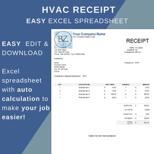 Receipt Template, Receipting Excel Template, HVAC Air Conditioning HVAC ...