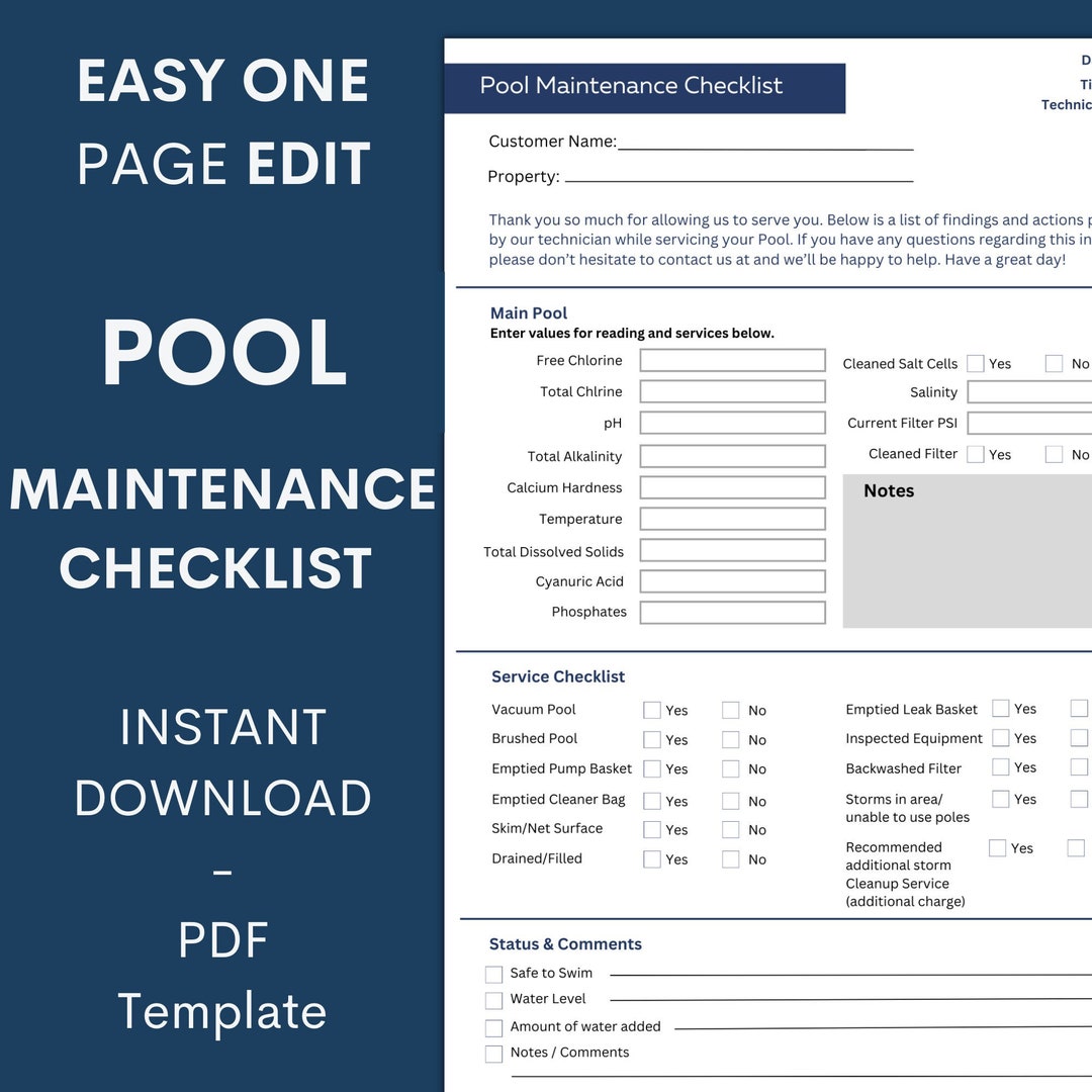 Pool Cleaning Checklist Template- Simple Digital PDF Efficient Pool ...