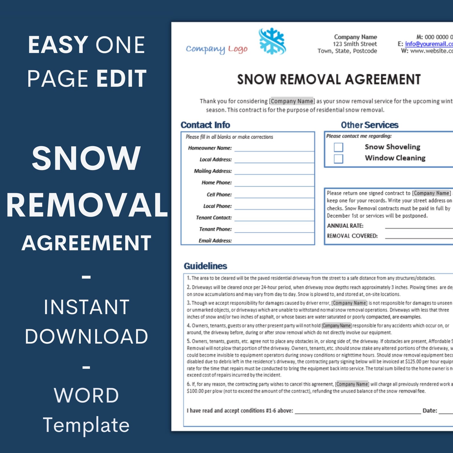 Snow Removal Agreement ︱snow Plow Removal Agreement | Contract ︱plowing ...