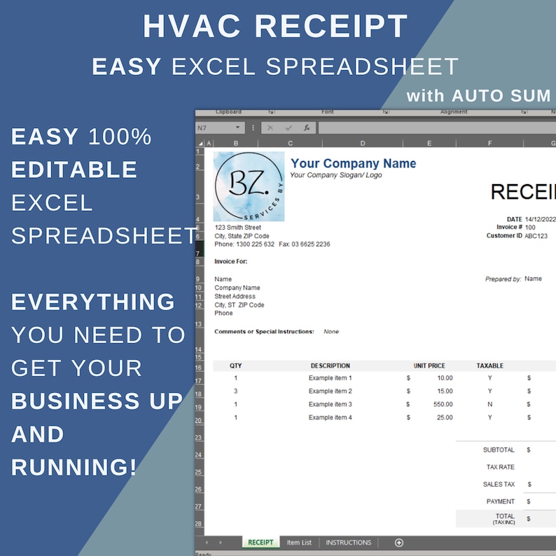 Receipt Template, Receipting Excel Template, HVAC Air Conditioning HVAC ...