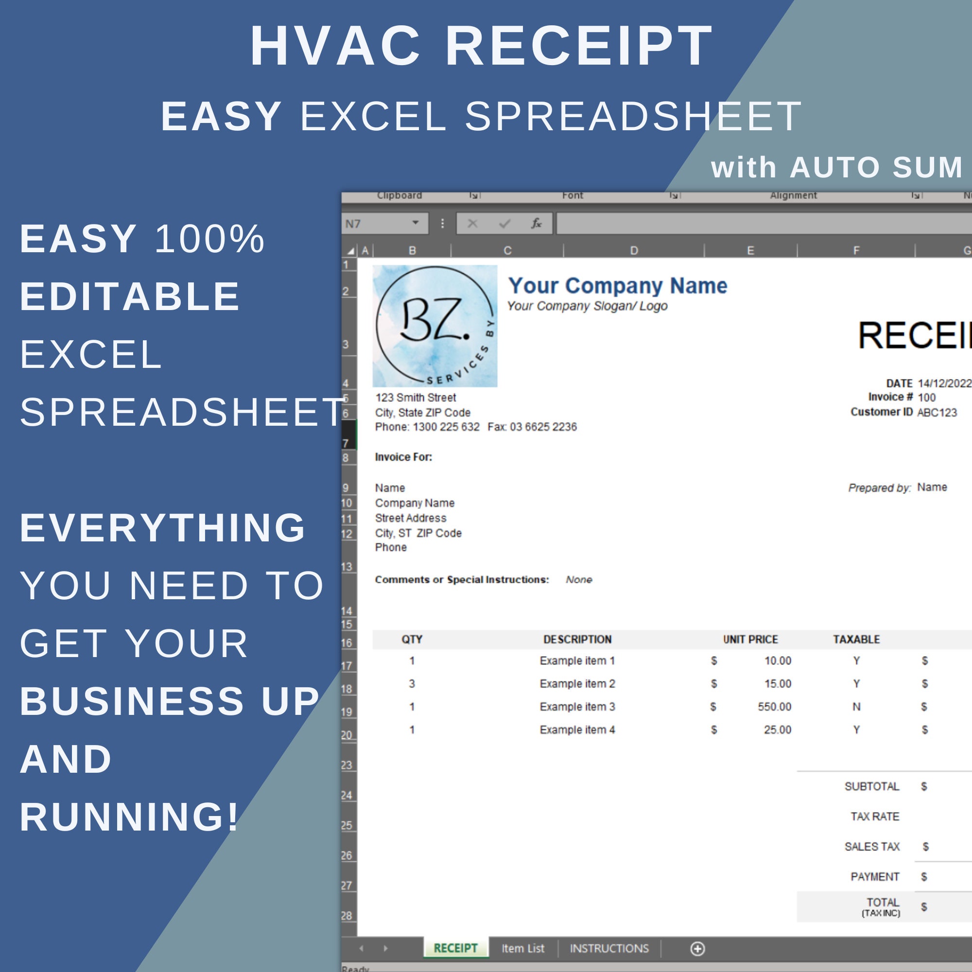 Receipt Template, Receipting Excel Template, HVAC Air Conditioning HVAC ...