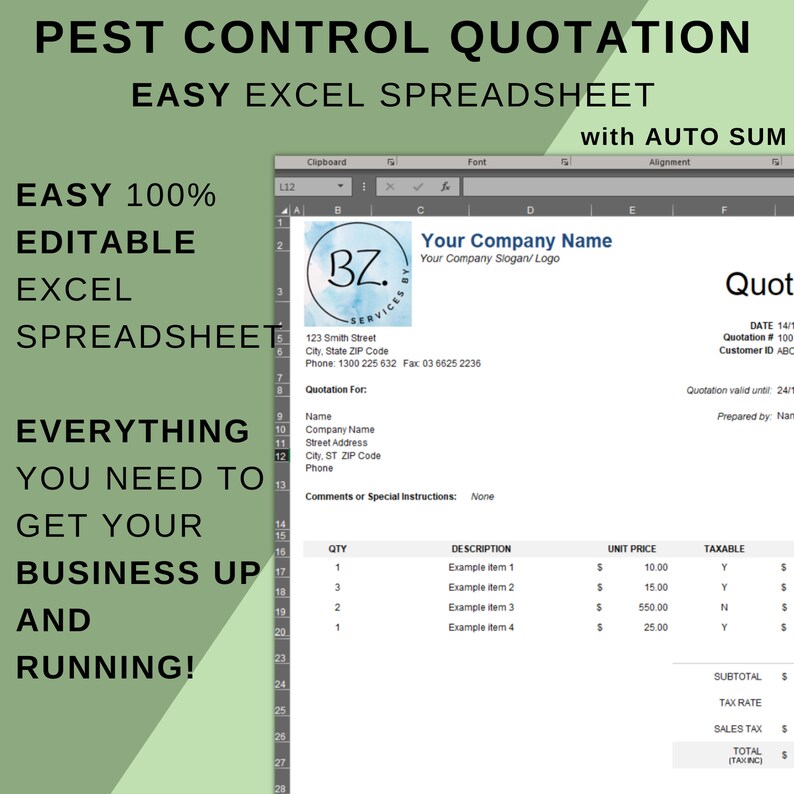Pest Control Quotation Template | Auto Calculation Excel (digital) - Etsy