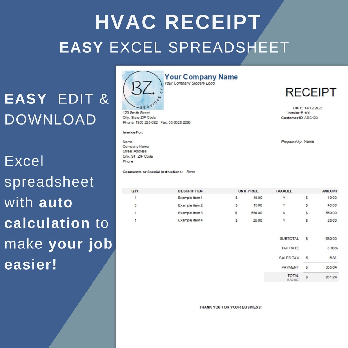 Receipt Template, Receipting Excel Template, HVAC Air Conditioning HVAC ...