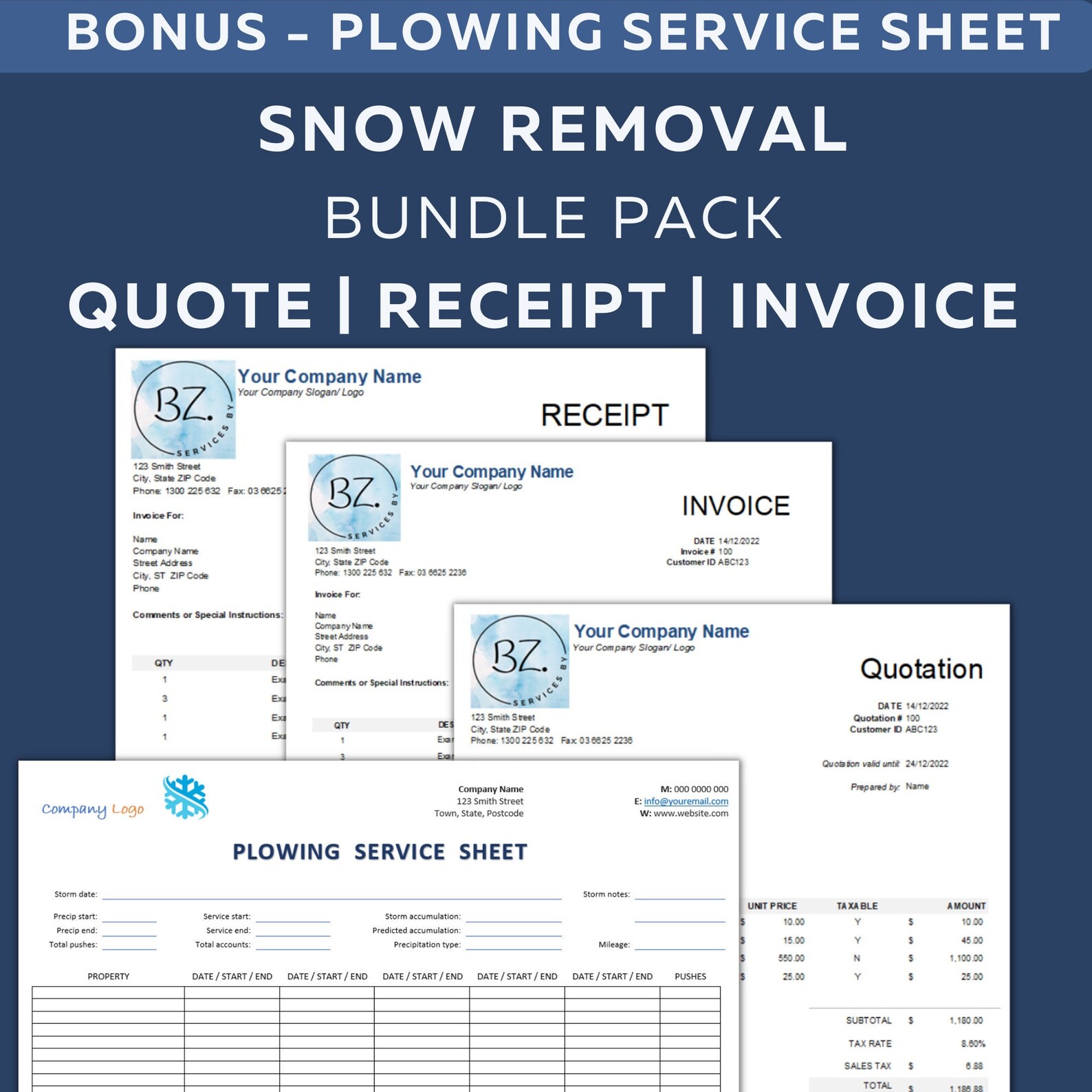 Snow Removal BUNDLE Agreement, Snow Plowing Quotation Invoice Receipt ...