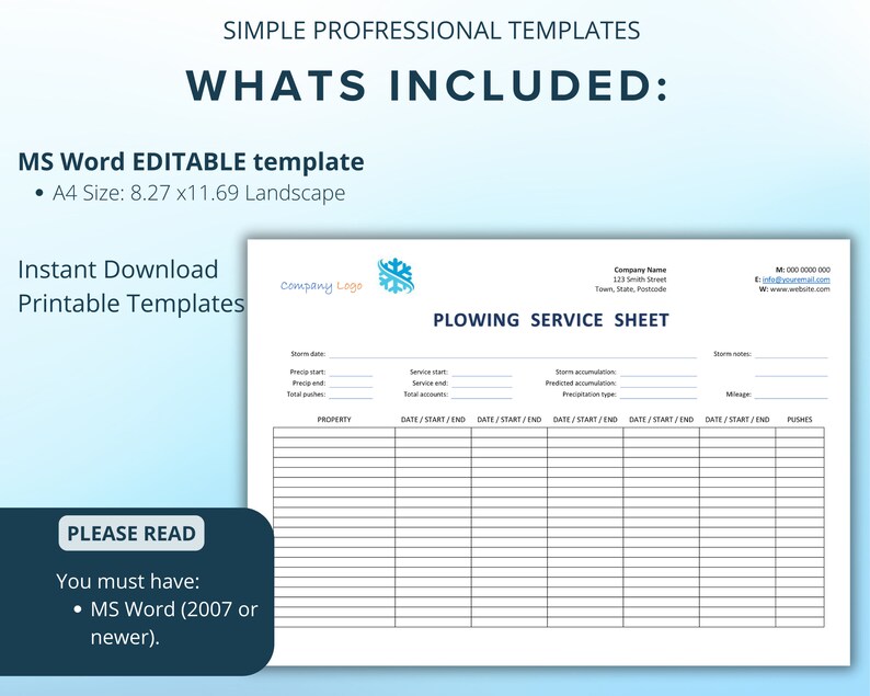Snow Removal Agreement Template - Plowing Service Sheet (digital ...