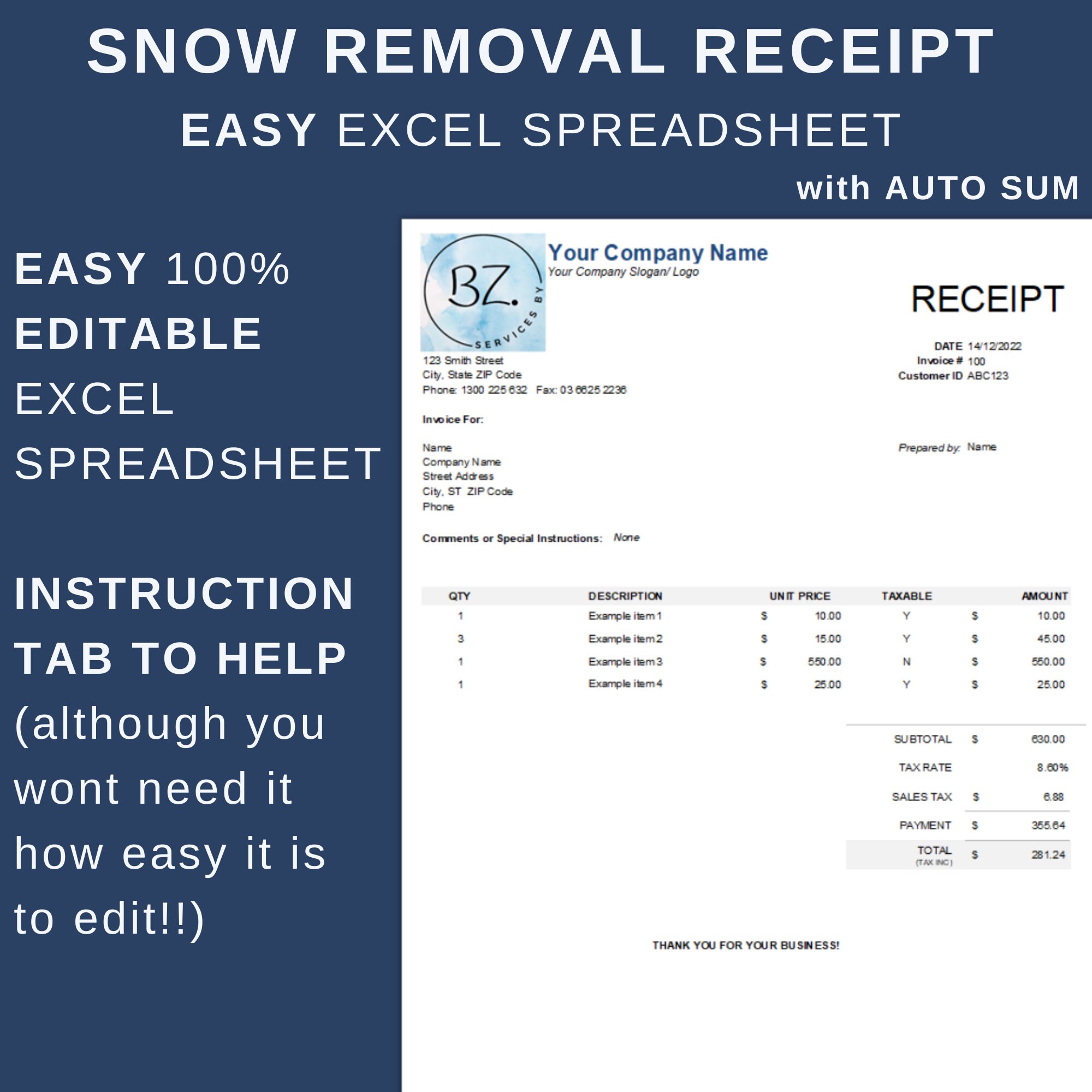 Snow Removal BUNDLE Agreement, Snow Plowing Quotation Invoice Receipt ...