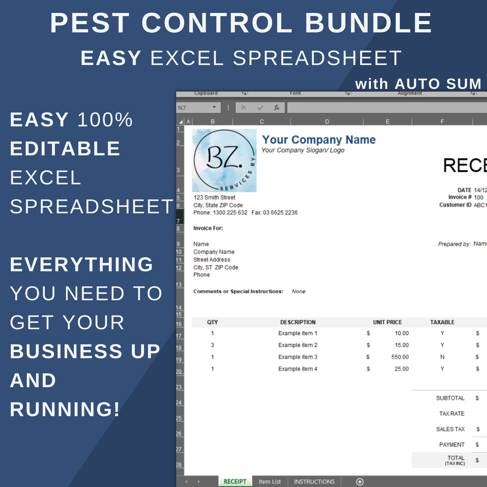 Pest Control Service Agreement, BUNDLE Receipt Template Invoice ...