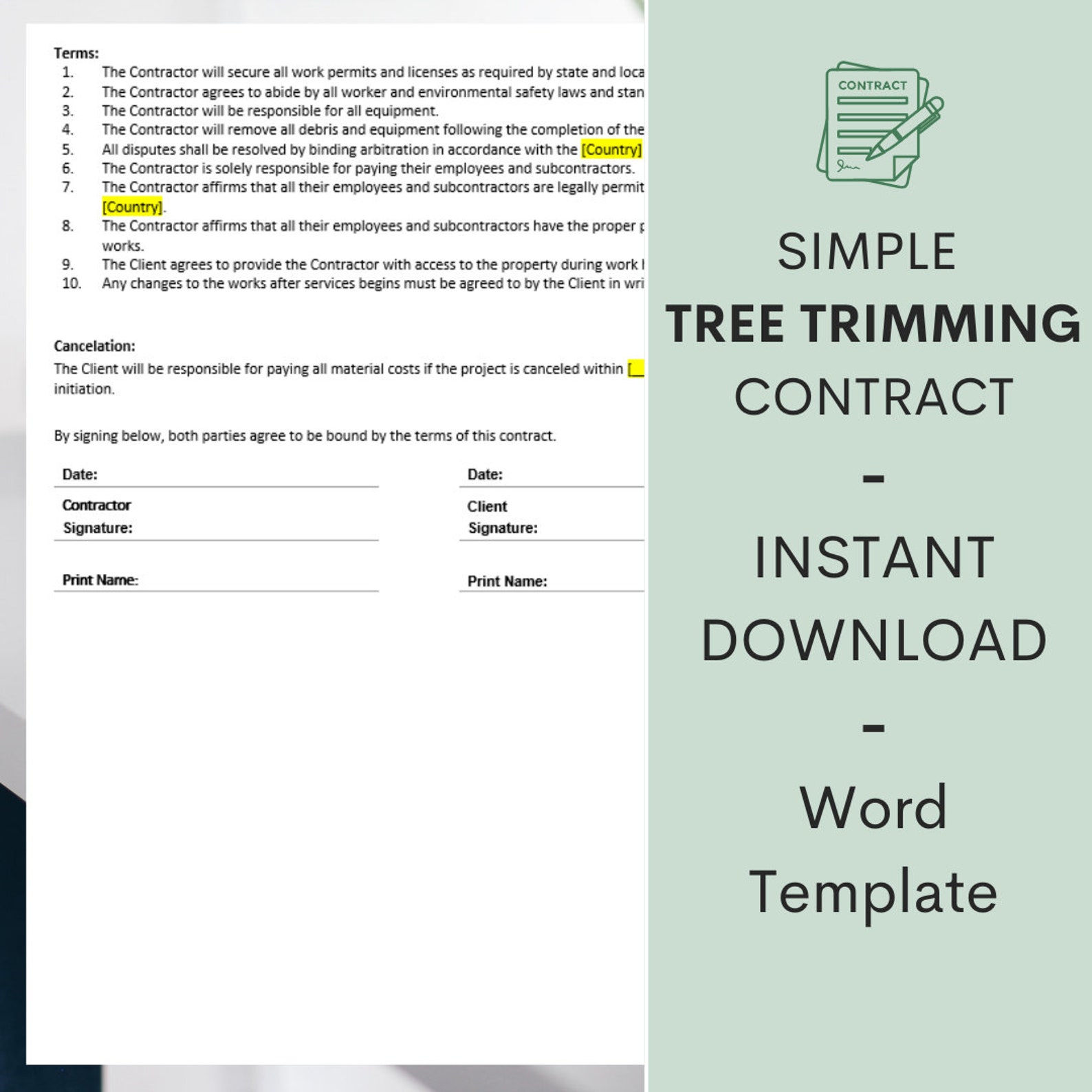 Tree Trimming Contract Template| Tree Removal Contract Agreement| Tree ...