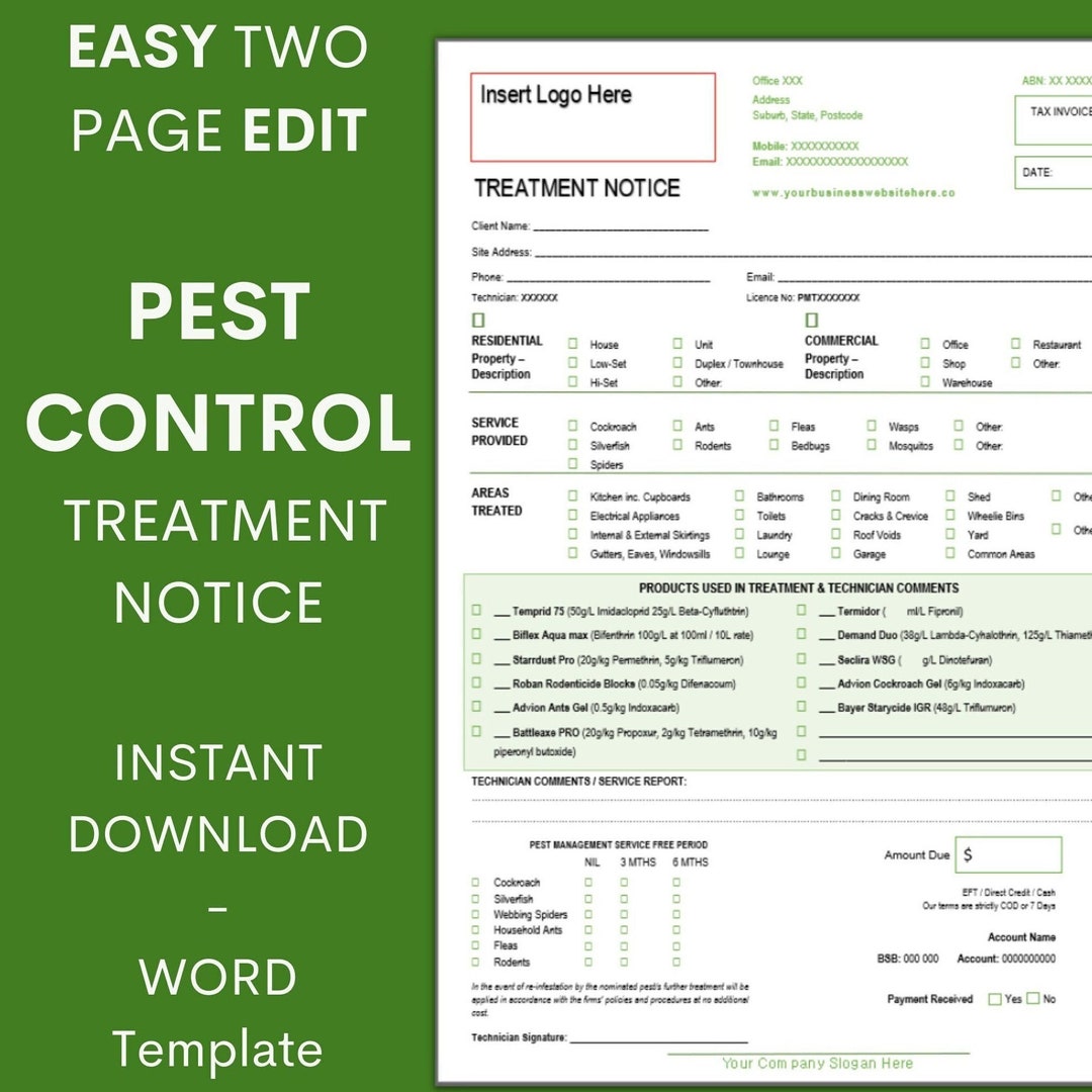 Pest Control Service Agreement Treatment Notice - Exterminator Service ...