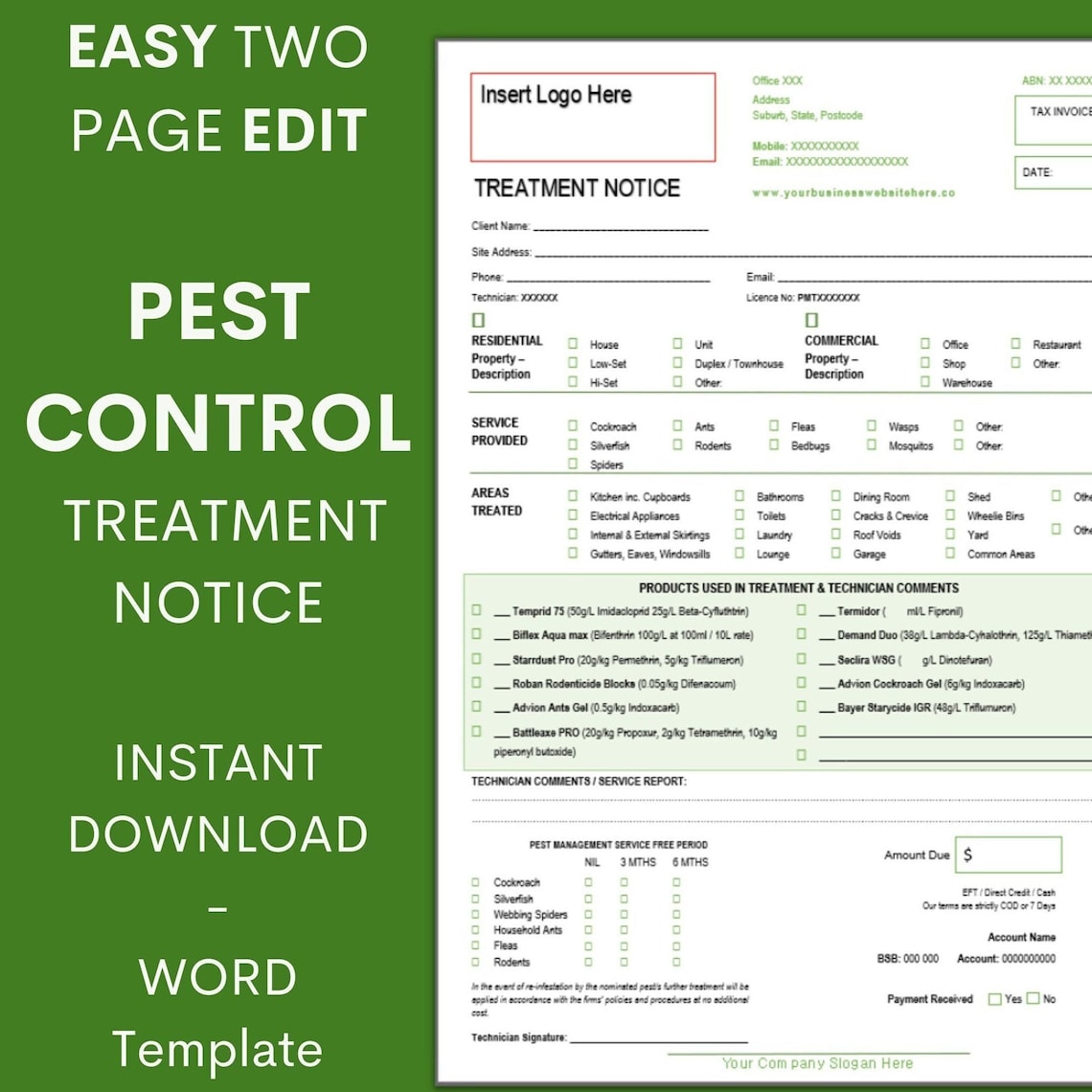 Pest Control Service Agreement Treatment Notice - Exterminator Service ...