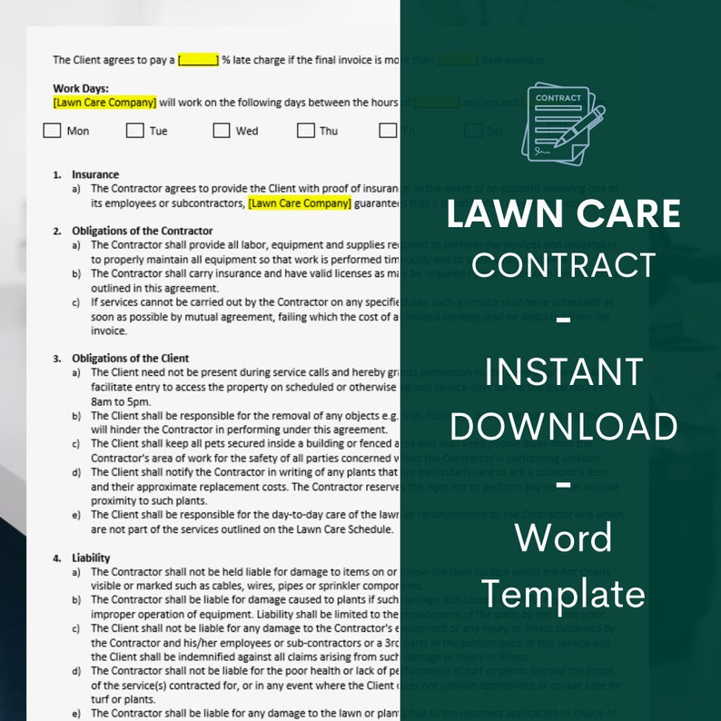 Lawn Care Contract Template, Editable Service Agreement (instant ...