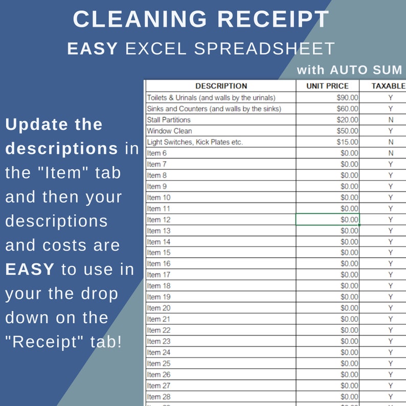 Cleaning Service Receipt Template | Auto Calculation (EXCEL) - Etsy