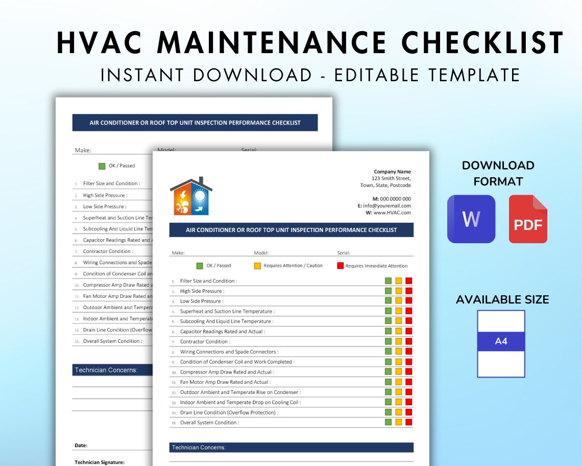 HVAC Inspection Checklist Template Air Conditioning, AC, Heating ...
