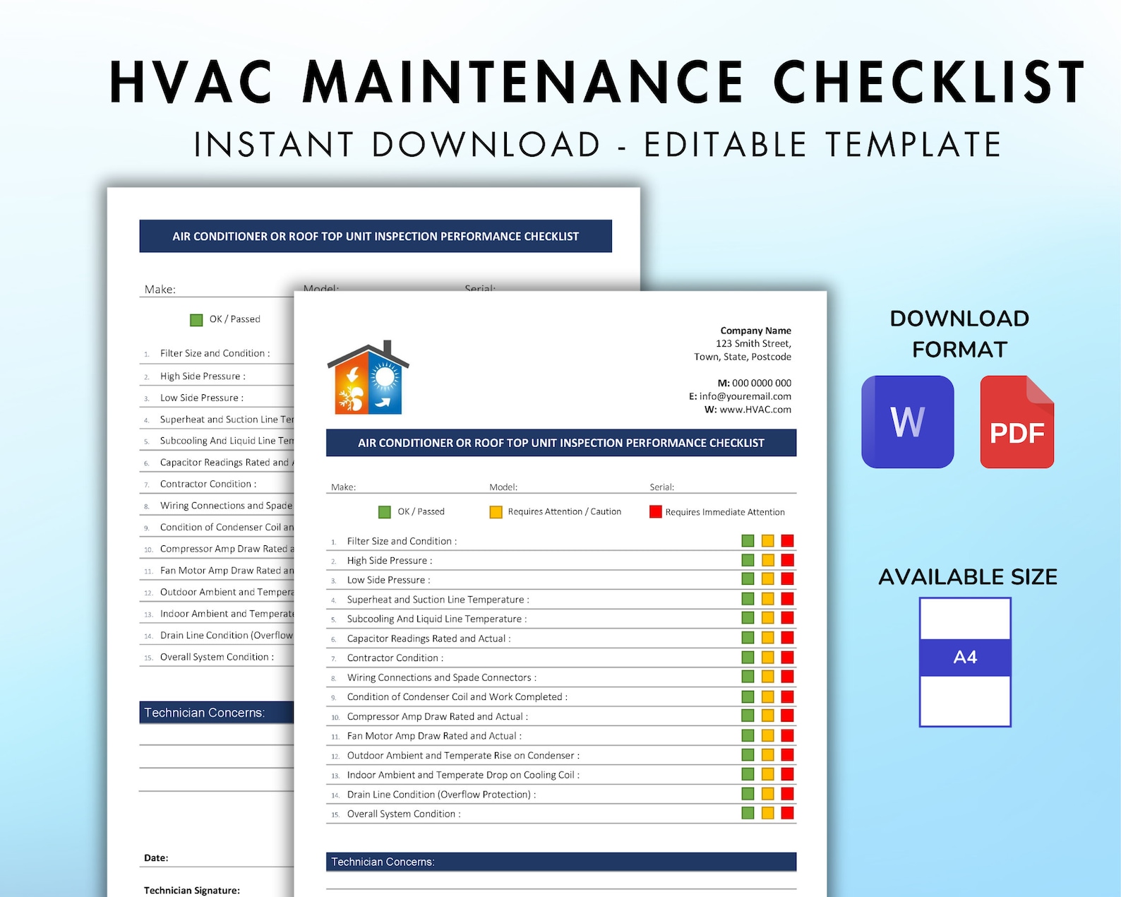 HVAC Inspection Checklist Template Air Conditioning, AC, Heating, Cooling Maintenance, PDF ...
