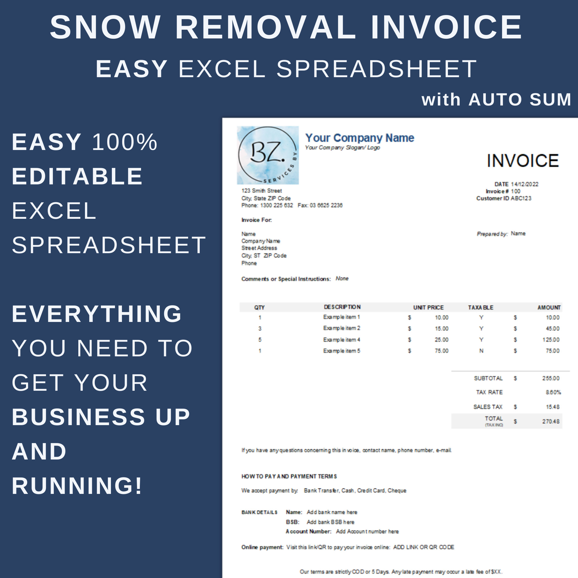 Snow Removal BUNDLE Agreement, Snow Plowing Quotation Invoice Receipt ...