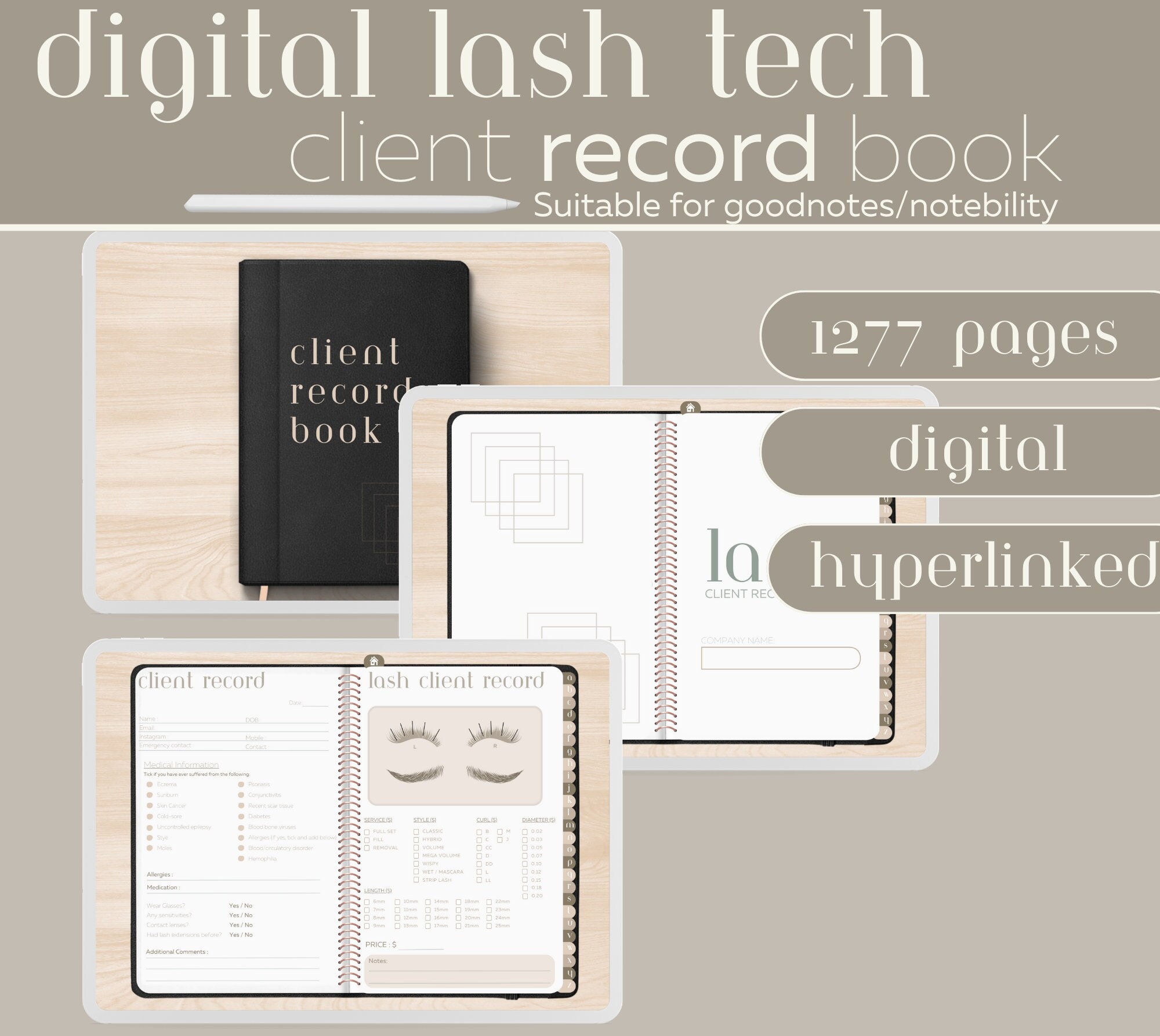 Digital Lash Tech CLIENT & CONSENT Record Book Tan, Client Record Eyelash Extensions, Lash Tech ...