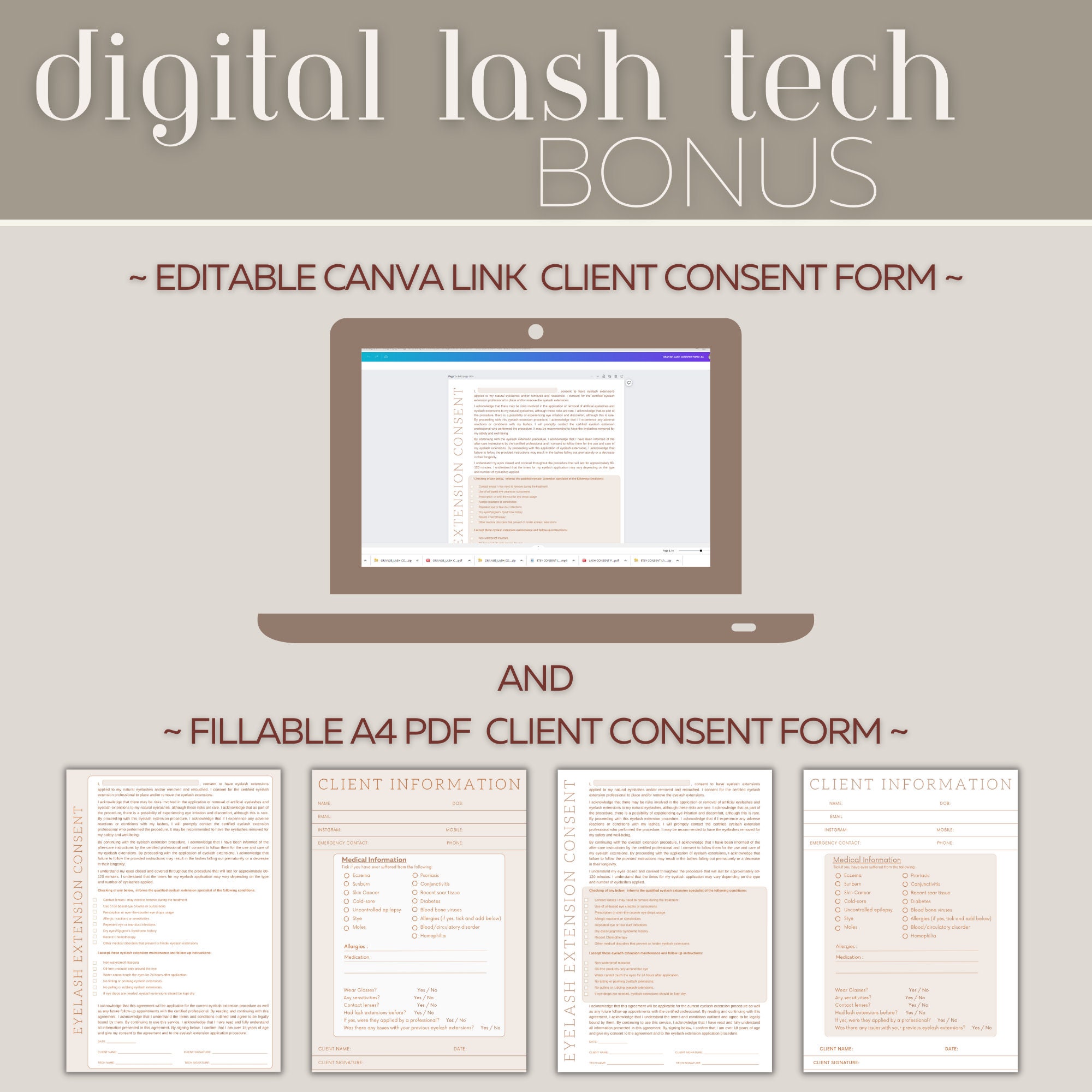 Digital Lash Tech CLIENT & CONSENT Record Book Tan, Client Record Eyelash Extensions, Lash Tech ...