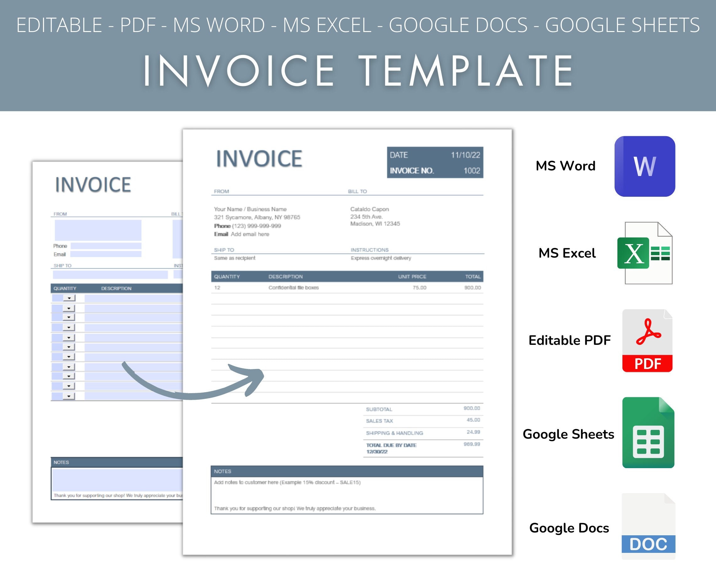 Invoice Template Editable PDF/ Word/ Googledocs/ Googlesheets Template ...