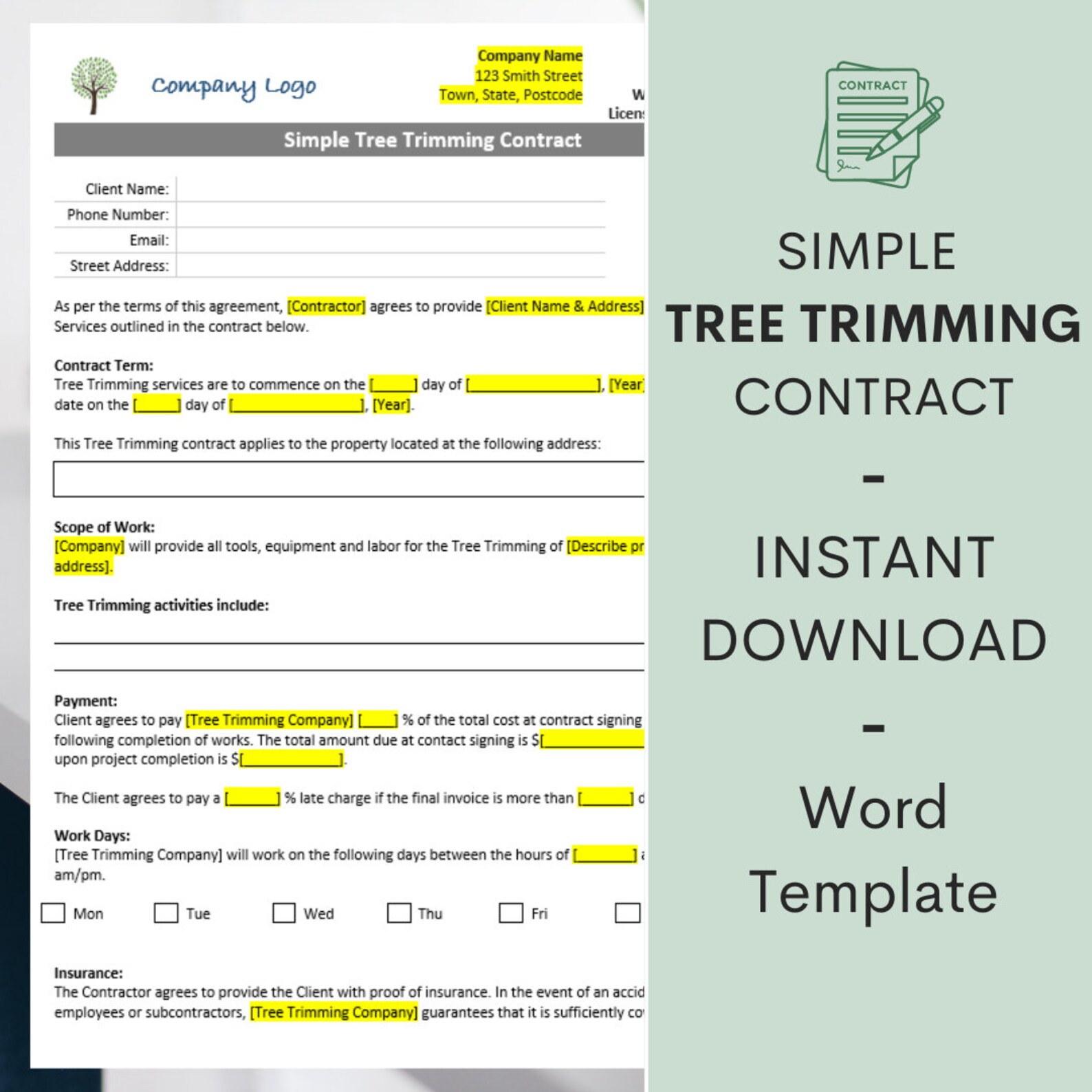 Tree Trimming Contract Template| Tree Removal Contract Agreement| Tree ...