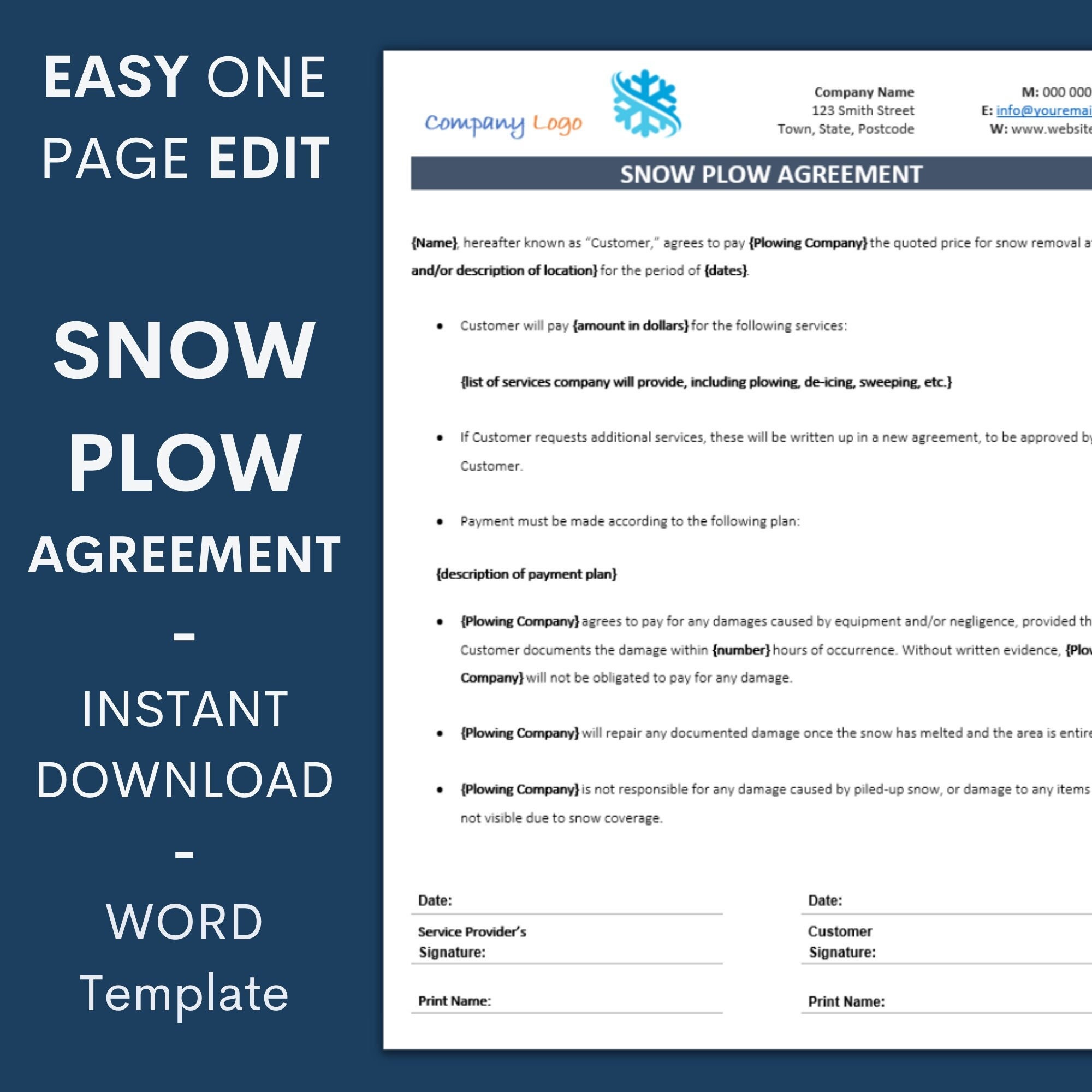 Snow Removal Agreement ︱snow Plow Removal Agreement | Contract ︱plowing ...