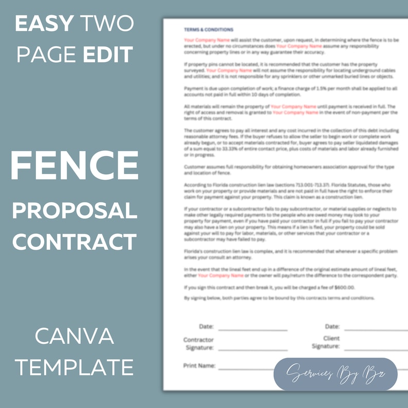 Fence Proposal Contract Template - Easy Editable Canva Link ...