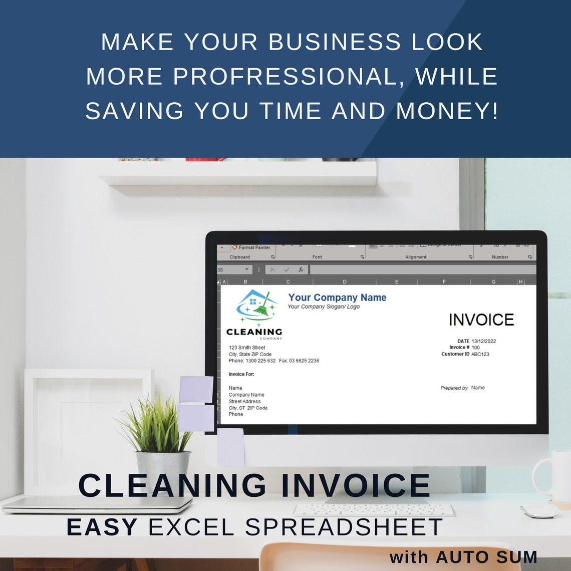 Invoice Template Commercial Cleaner, Auto Calculation, Editable Excel ...