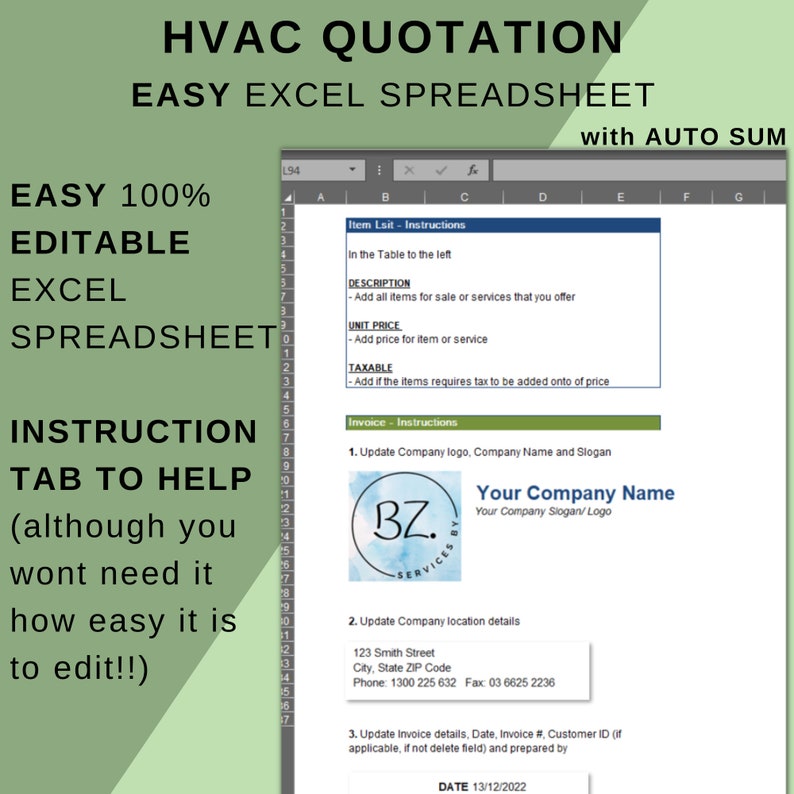 Quote Template HVAC Air Conditioning Excel Invocie Inspection ...